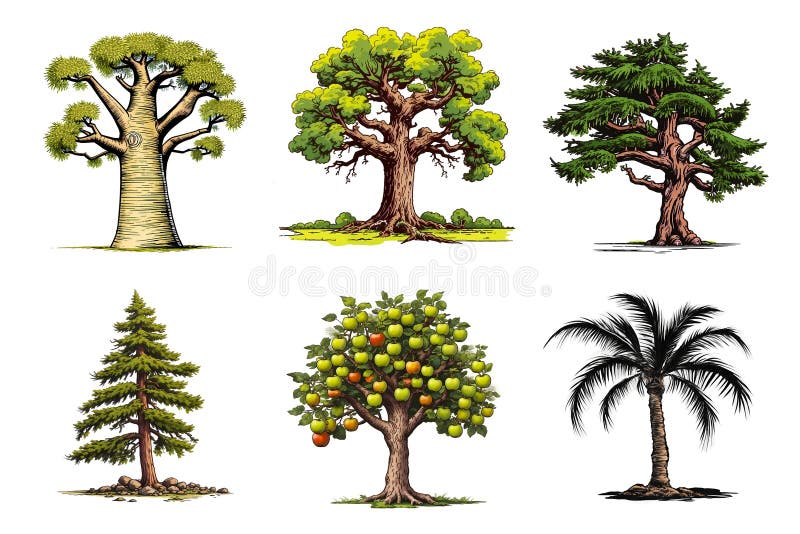 A Set of Six Trees on a White Background Isolated in the Style of a ...