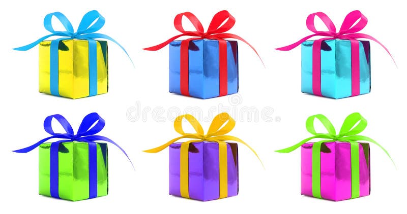 Set of Six Various Color Glossy Gift Wrapped Presents Stock Photo ...
