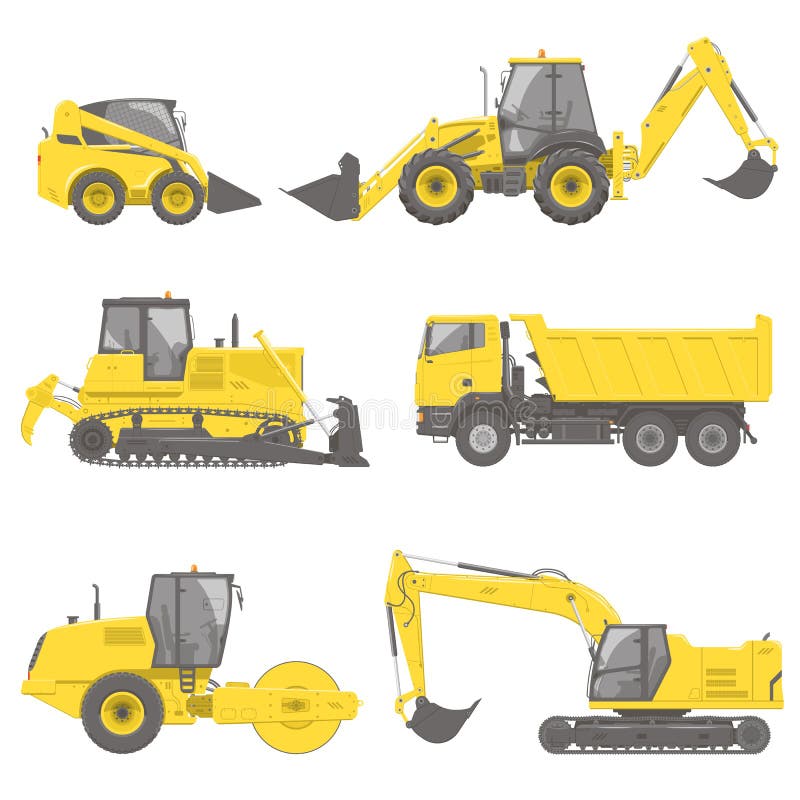 Set of Six Vector Yellow Construction Machines Stock Vector ...