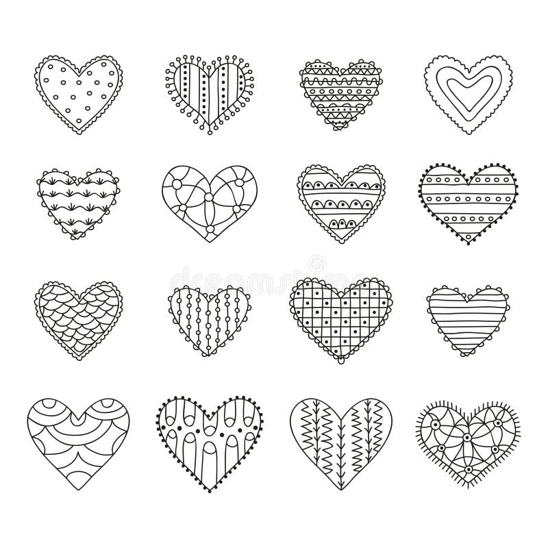 Set of Sixteen Hand Drawn Decorative Hearts with Different Patterns on ...