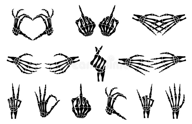 Set of Skeleton Hands Gestures, Fingers, Black Flat Vector, Cut Files ...