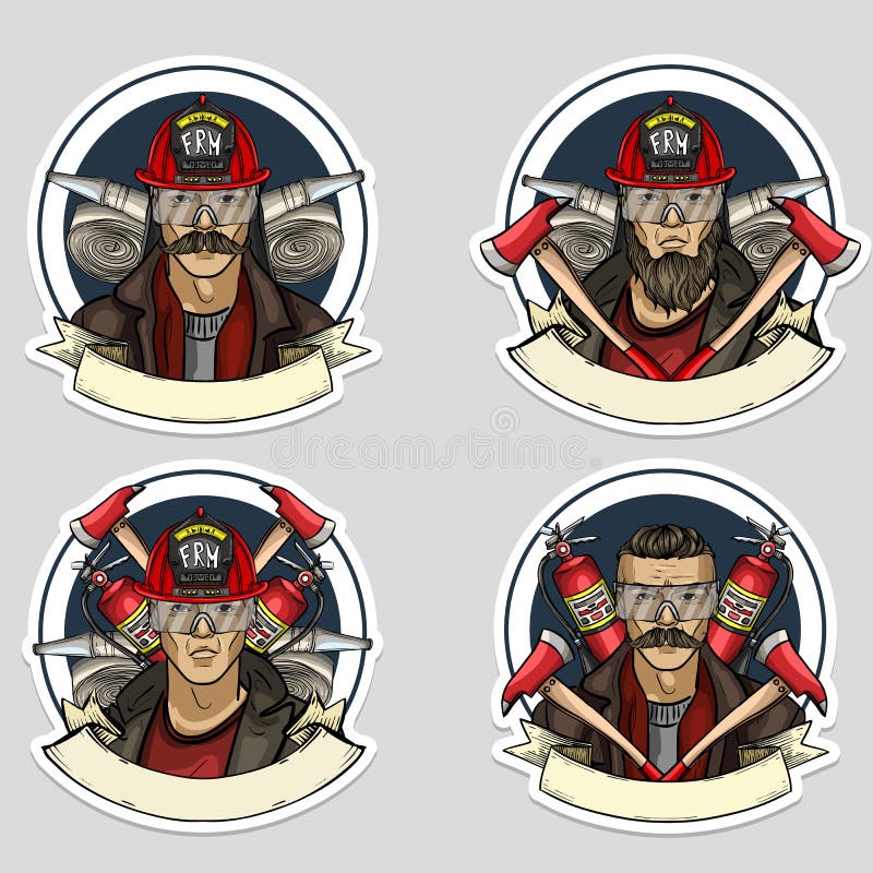 Set of Sketch Fireman Stickers Stock Vector - Illustration of costume ...