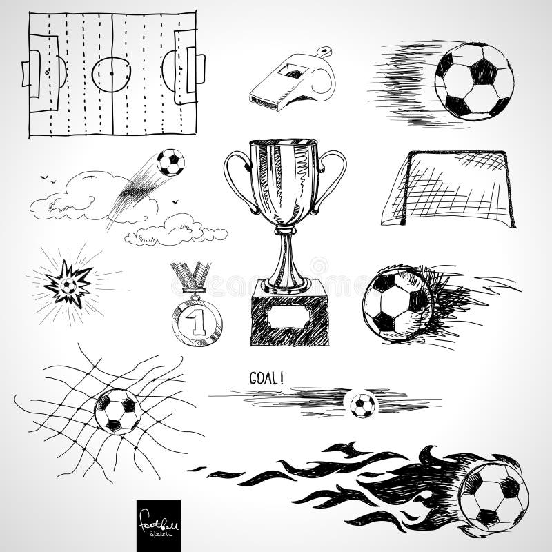 Set of Sketch Football Elements Stock Illustration - Illustration of ...
