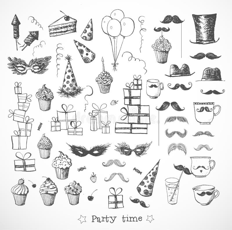 Set of Sketch Party Objects Hand-drawn with Ink Stock Vector ...