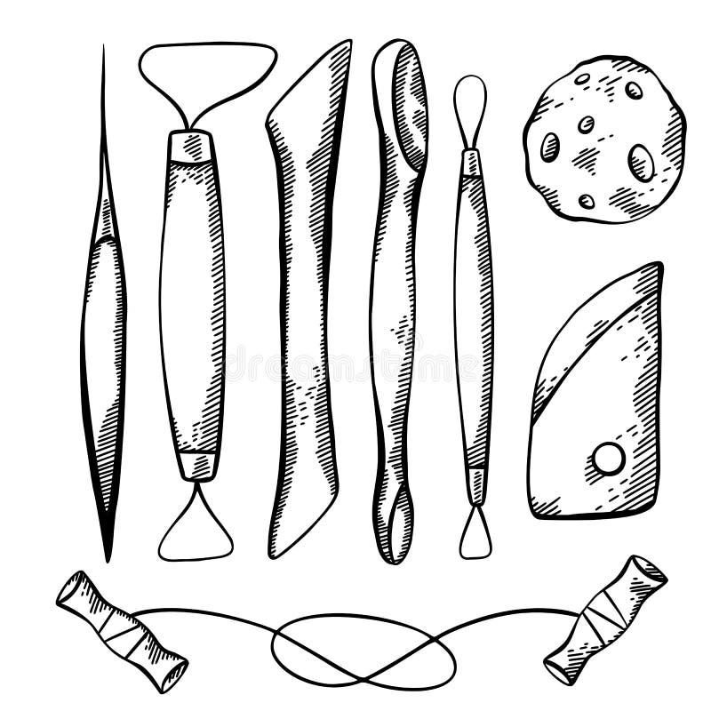Set of Sketch of Tools for Pottery and Sculpting with Hatching. Hobbies ...