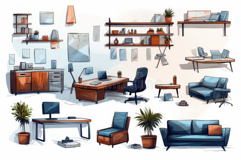 Set of Sketches on the Topic of Office Work Stock Illustration ...