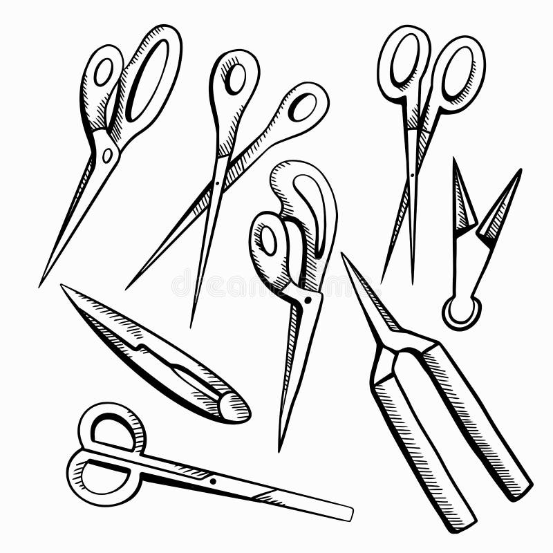 Set of Sketches of Various Types of Scissors with Hatching. Secateurs ...