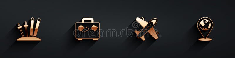 Set Ski and Sticks, Suitcase, Plane and Location on the Globe Icon with ...