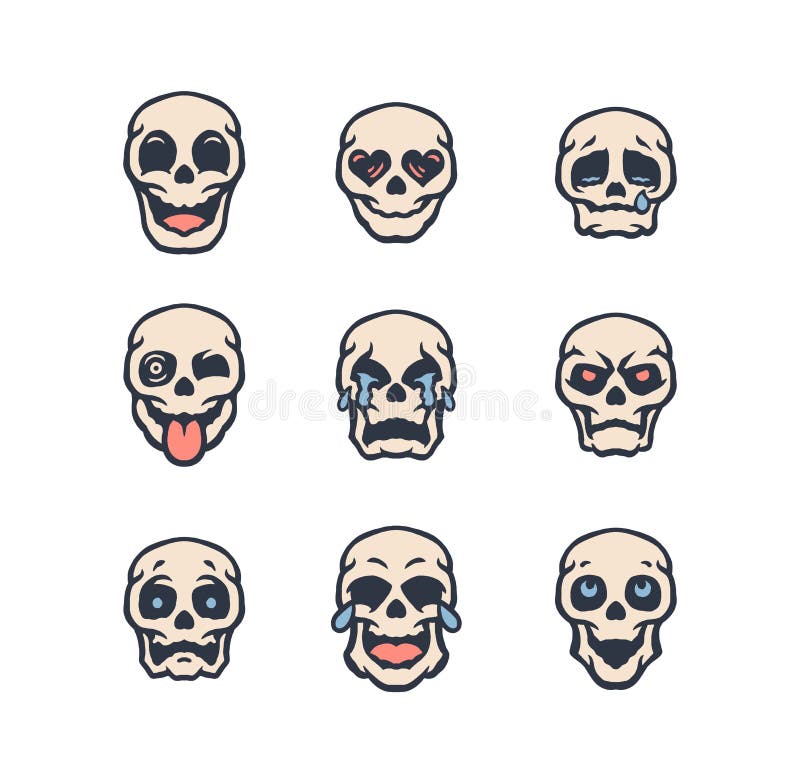 Set of Skull Emoticon, Hand Drawn Line Style with Digital Color Stock ...