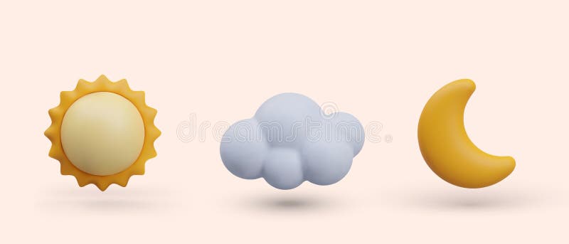 Set of Sky Objects in 3D Style. Vector Sun, Cloud, Crescent Moon Stock ...