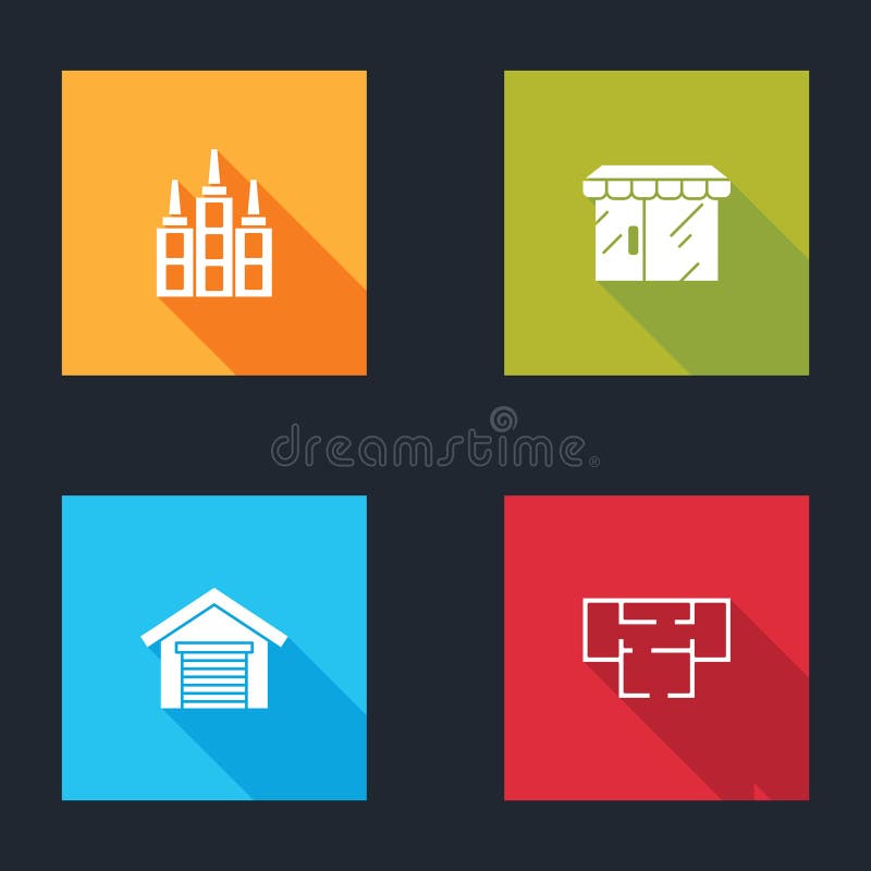 Set Skyscraper, Market Store, Garage and House Plan Icon. Vector Stock ...