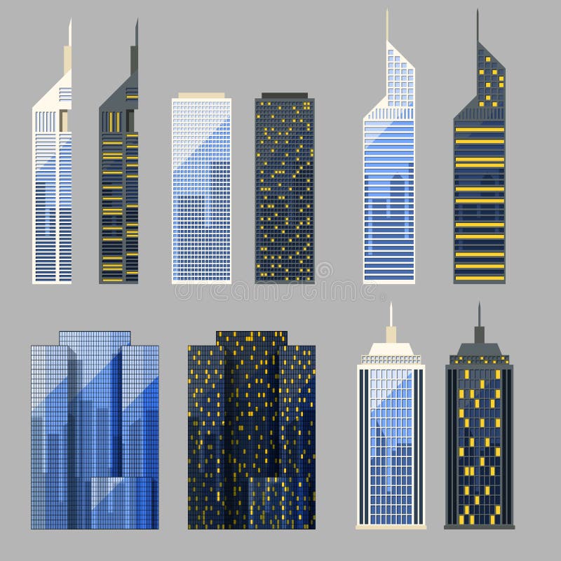 Flat Style Modern Buildings Skyscrapers Set Stock Vector - Illustration ...