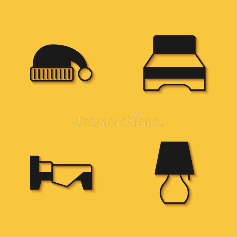 Set Sleeping Hat, Table Lamp, Bed and Big Bed Icon with Long Shadow ...