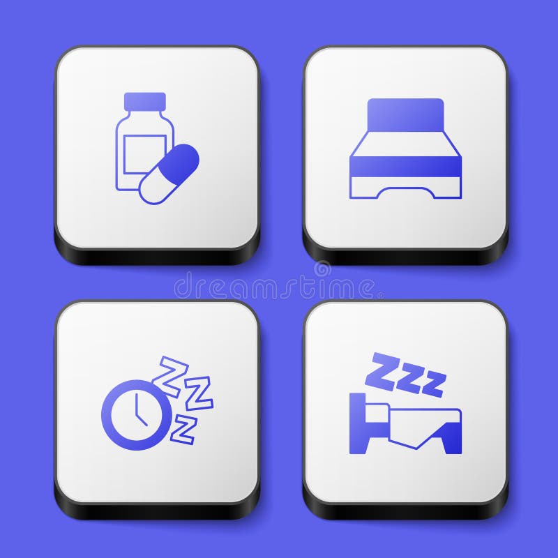 Set Sleeping Pill, Big Bed, Alarm Clock and Time To Sleep Icon. White ...