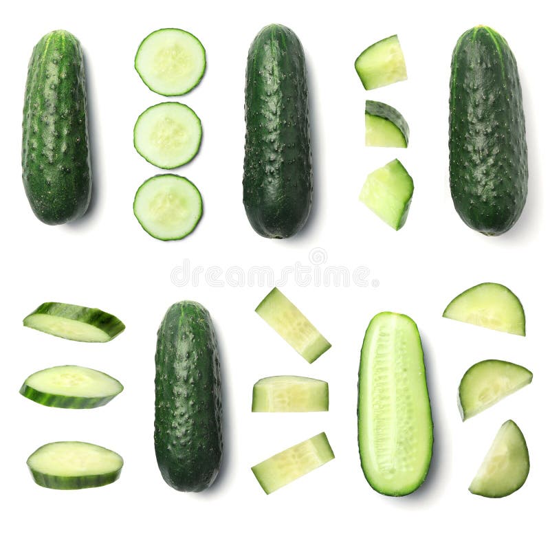 Set with Sliced Cucumbers on Background, Top View Stock Photo - Image ...
