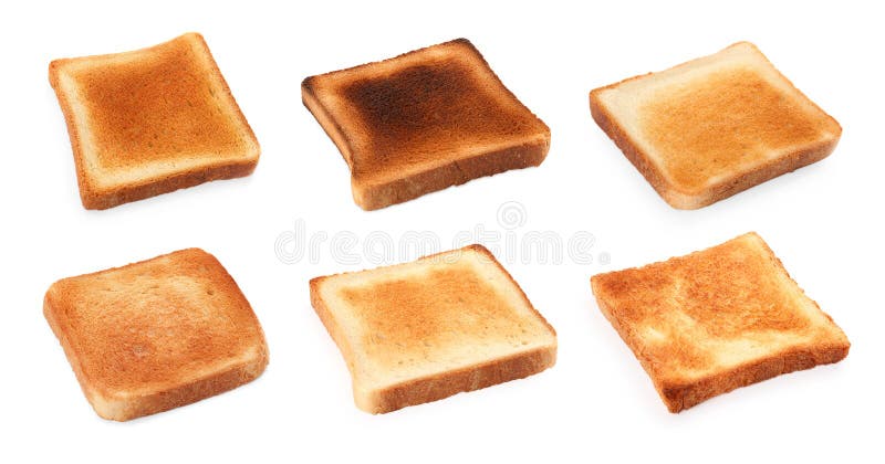 Set with Slices of Tasty Toasted Bread on White Background Stock Photo ...
