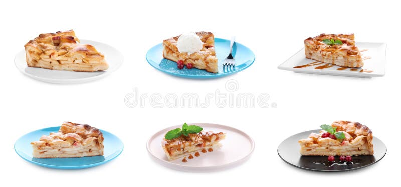 Set with Slices of Traditional Apple Pies on White Background, Banner ...
