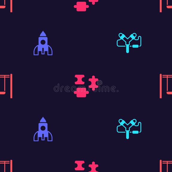 Set Slingshot, Rocket Ship Toy, Puzzle Pieces and Swing on Seamless ...