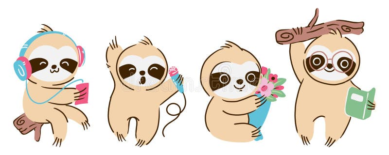 Set of Sloth Bear Cartoon Characters . Hand Drawn Style . White ...