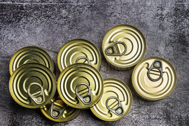 Set of Small Circular Metal Storage Tins with Easy Open Tabs on Gray ...