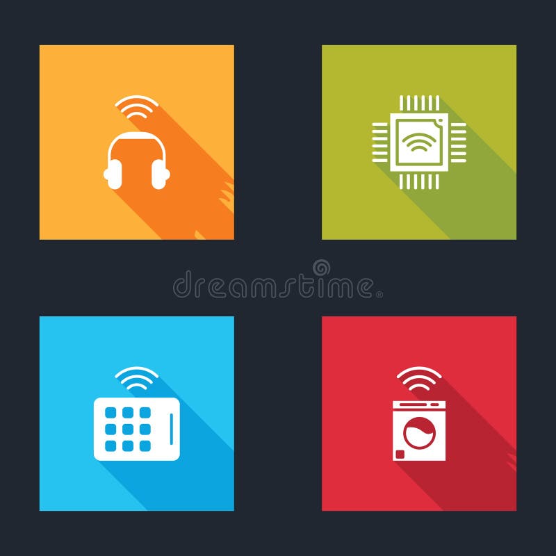 Set Smart Headphones Processor With Microcircuits Cpu Wireless Tablet And Washer Icon Vector