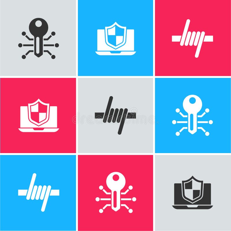 Set Smart Key, Laptop Protected with Shield and Barbed Wire Icon ...