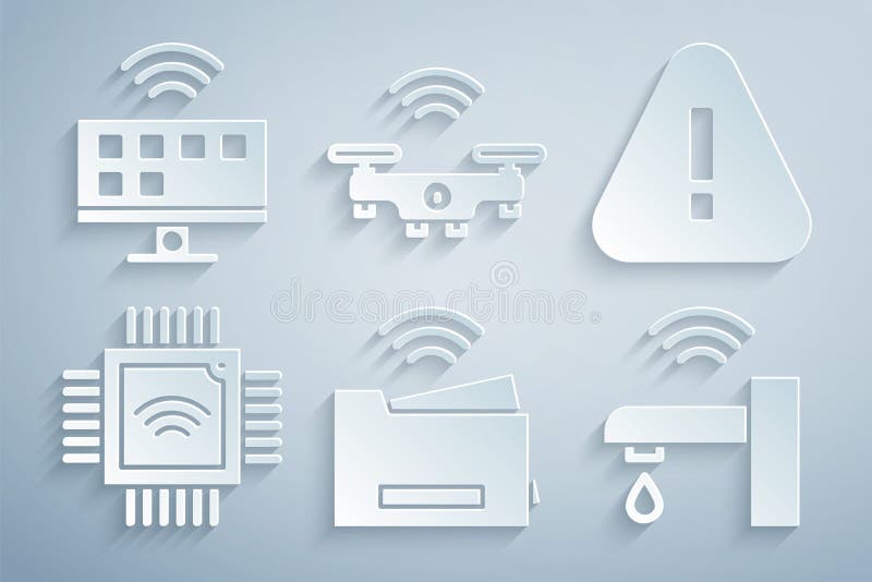 Set Smart Printer, Exclamation Mark Triangle, Processor with ...