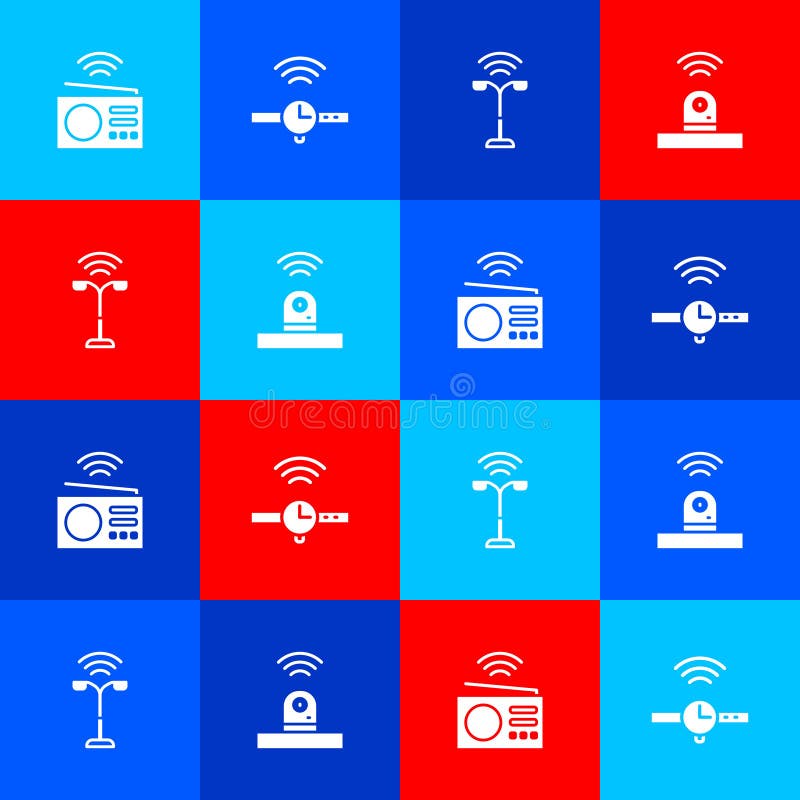 Set Smart Radio, Smartwatch, Street Light and Security Camera Icon ...