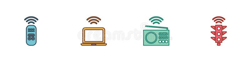Set Smart Remote Control, Wireless Laptop, Radio and Traffic Light Icon ...