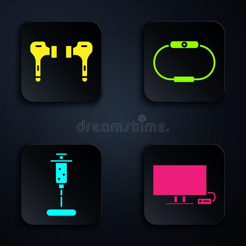 Set Smart Tv, Air Headphones, Syringe and Smartwatch. Black Square ... Set Smart Tv, Air Headphones, Syringe and Smartwatch. Black Square ...