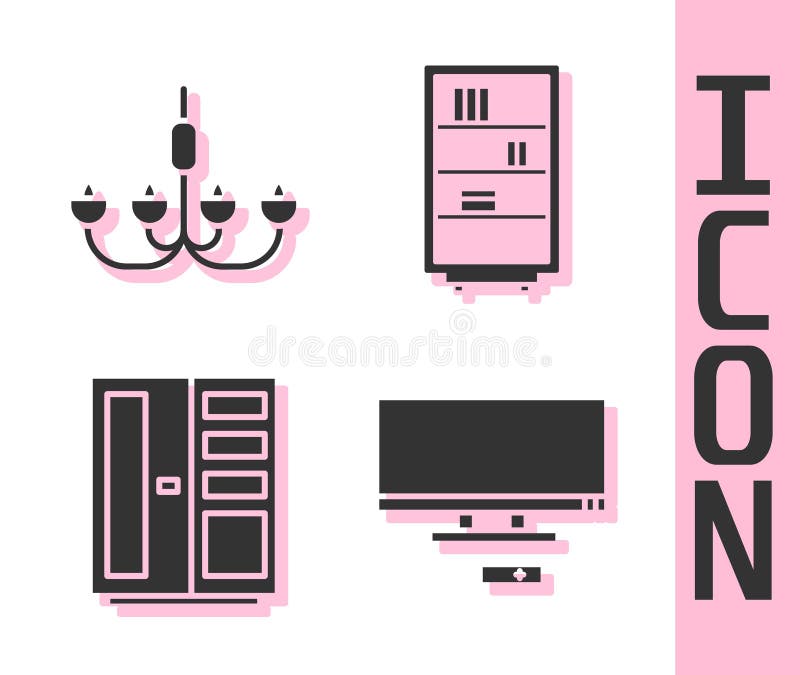 Set Smart Tv, Chandelier, Wardrobe and Library Bookshelf Icon. Vector ...