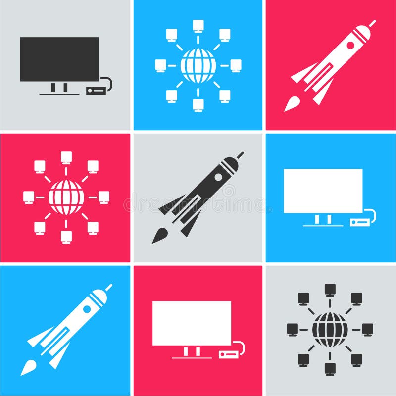 Set Smart Tv, Social Network and Rocket Ship with Fire Icon. Vector ... Set Smart Tv, Social Network and Rocket Ship with Fire Icon. Vector ...