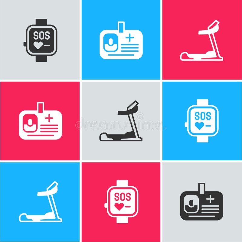 Set Smart Watch, Identification Badge and Treadmill Machine Icon ...