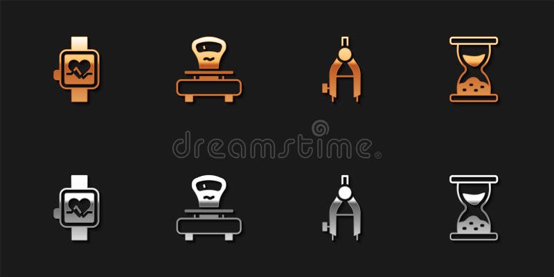 Set Smart Watch, Scales, Drawing Compass and Old Hourglass with Sand ...