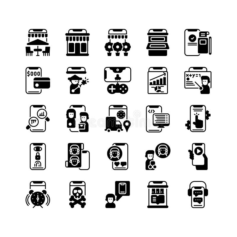 Set of Smartphone Function App and Web Glyph Style Icon and ...