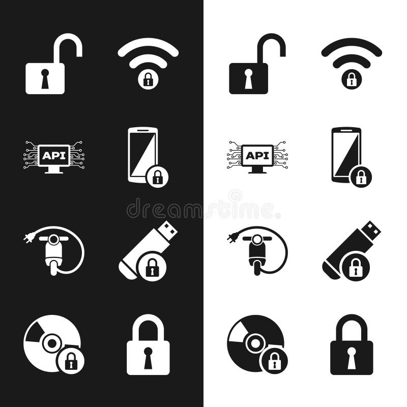 Set Smartphone with Lock, Computer Api Interface, Open Padlock, Wifi ... Set Smartphone with Lock, Computer Api Interface, Open Padlock, Wifi ...