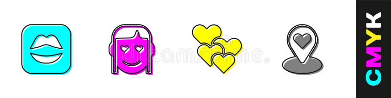 Set Smiling Lips, Romantic Girl, Heart and Location with Heart Icon ...