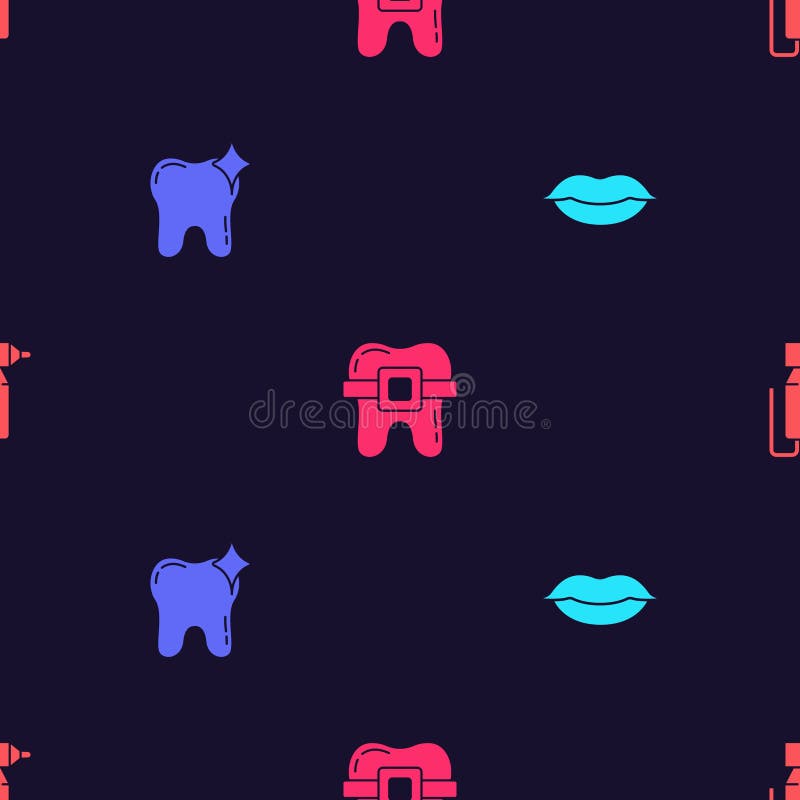 Set Smiling Lips, Tooth Whitening, Teeth with Braces and Drill on ...