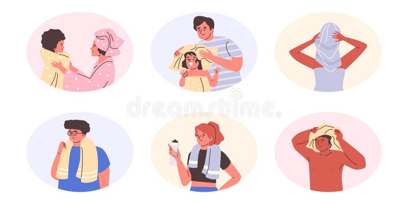 Set of Smiling People Using Towels Flat Style, Vector Illustration ...
