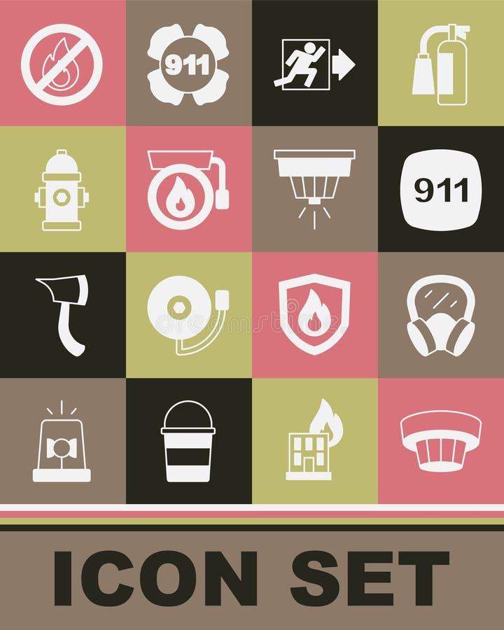 Set Smoke Alarm System, Gas Mask, Emergency Call 911, Fire Exit ...