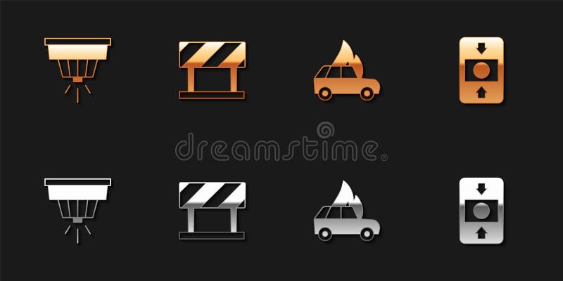 Set Smoke Alarm System, Road Barrier, Burning Car and Fire Icon. Vector ...