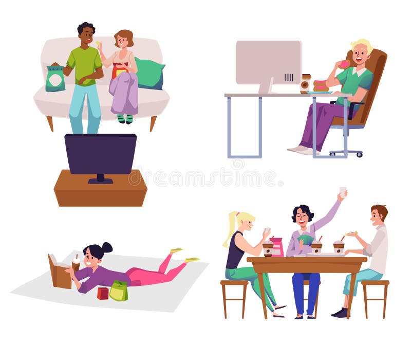Set of Snacking People in Different Situations Flat Style Stock Vector ...