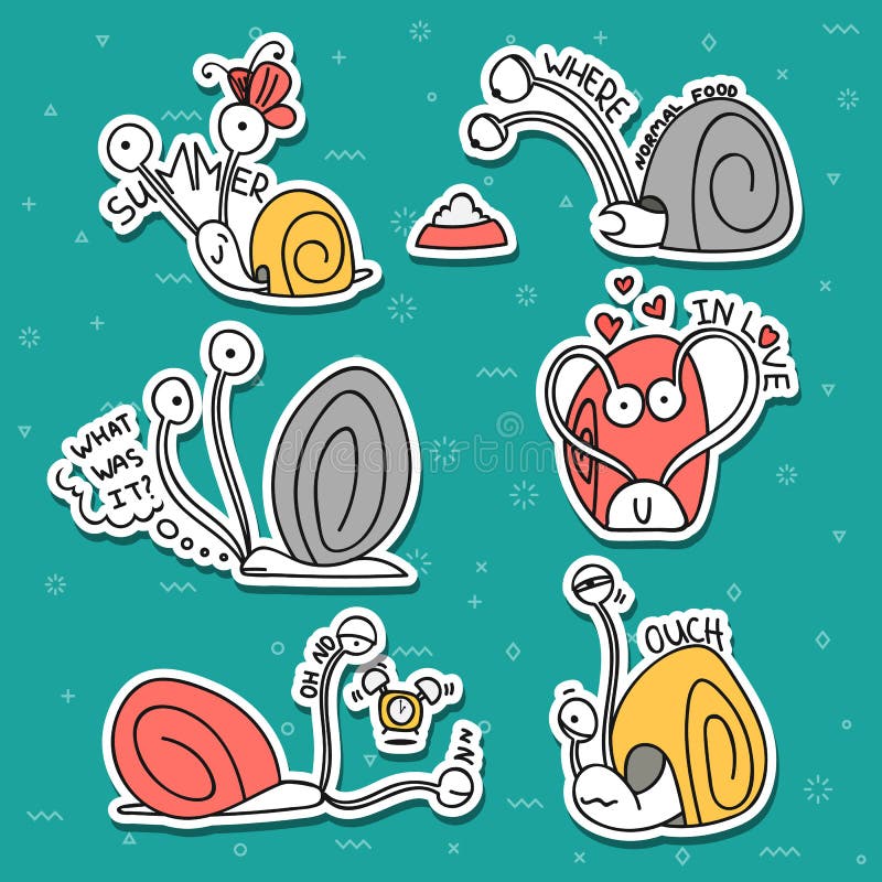 Set of 6 Snails Doodle Handmade. Snail with Emotions Stock Vector ...