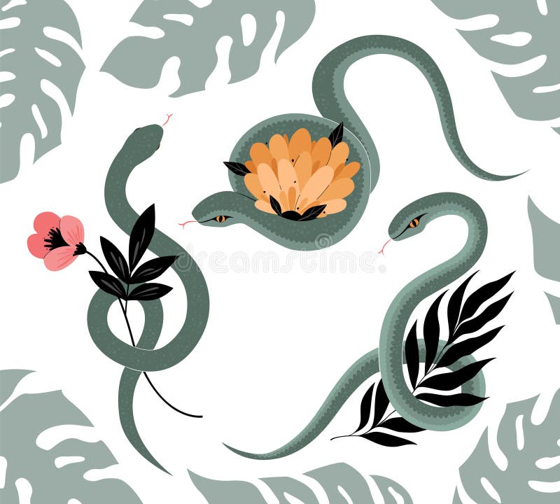 Set of Snakes with Flowers. Hand Drawn Cute Stickers Stock Vector ...