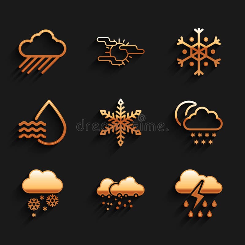 Set Snowflake, Cloud with Snow, Rain and Lightning, Moon, and Water ...