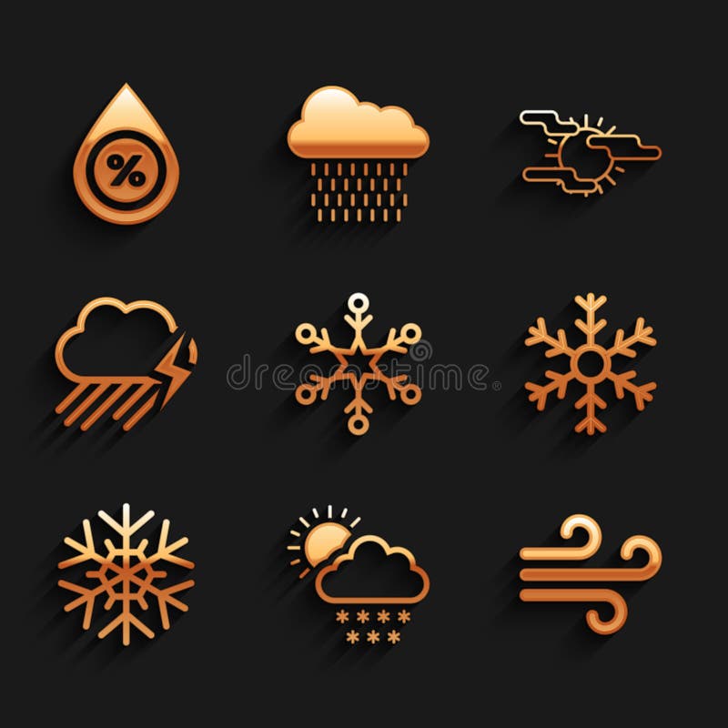 Set Snowflake, Cloud with Snow and Sun, Wind, and Rain Lightning Icon ...