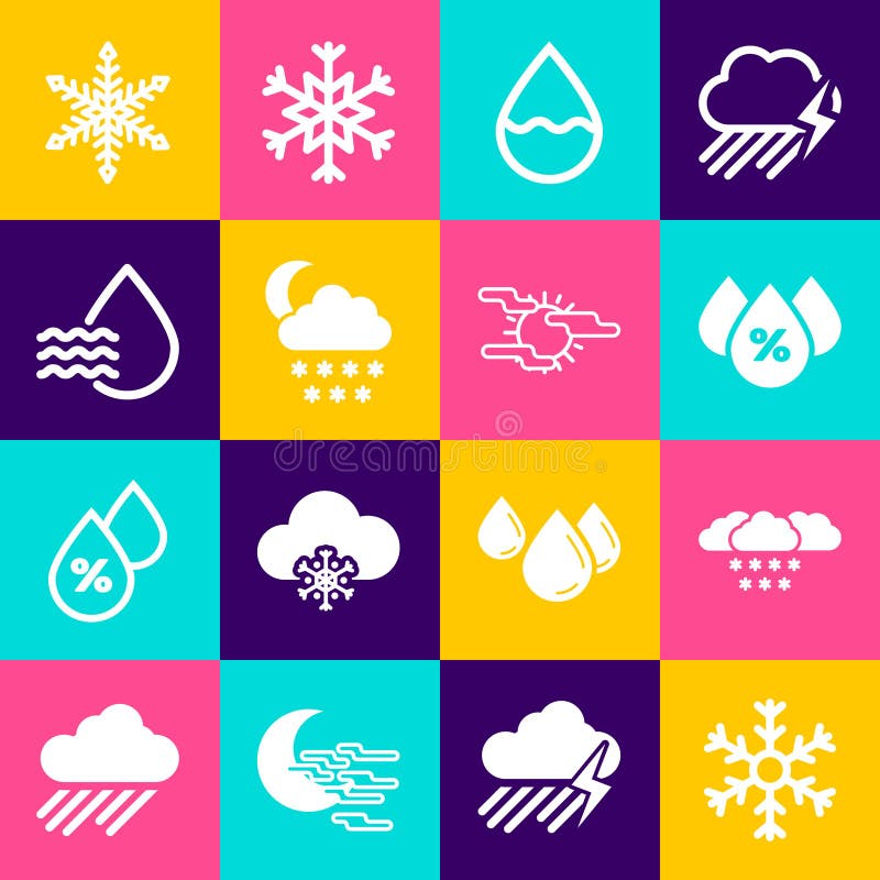 Set Snowflake, Cloud with Snow, Water Drop Percentage, and Moon and ...