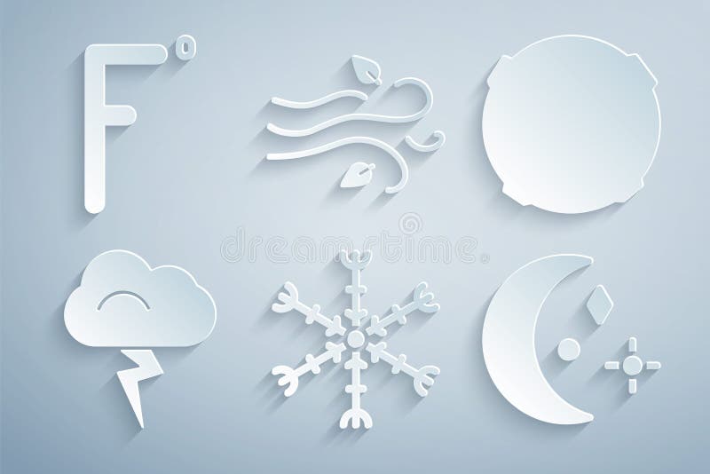Set Snowflake, Moon, Storm, and Stars, Wind and Fahrenheit Icon. Vector ...