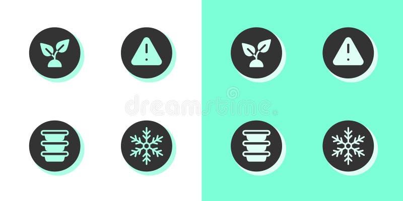 Set Snowflake, Plant Based, Bowl and Exclamation Mark in Triangle Icon ...