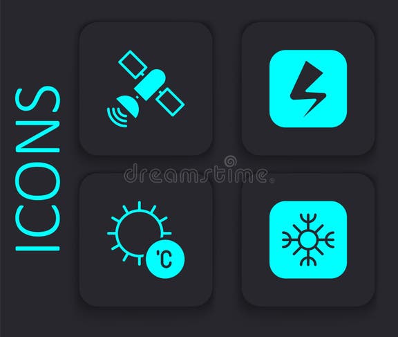 Set Snowflake, Satellite, Lightning Bolt and Sun Icon. Black Square ...